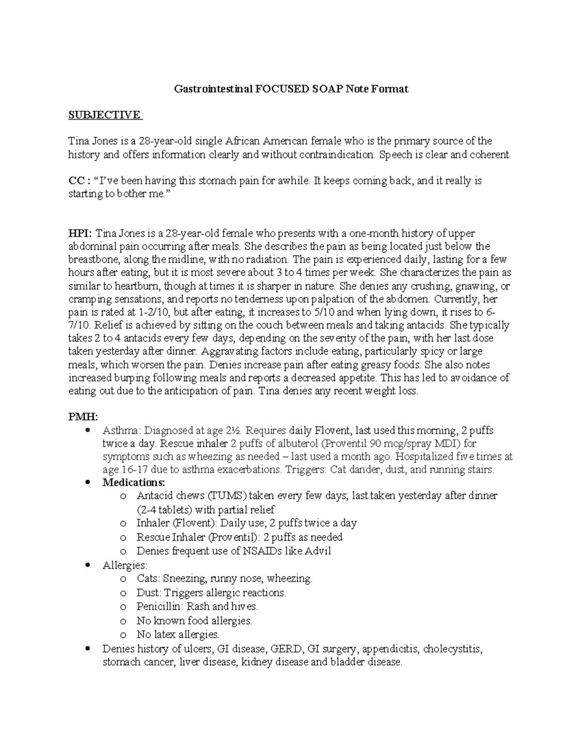GI- Focused SOAP Note for GERD Diagnosis: Tina Jones Case Study - Studocu