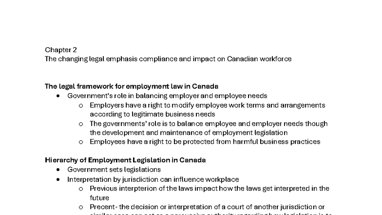 HR 101: Chapter 2 - Legal Framework & Workforce Impact in Canada - Studocu