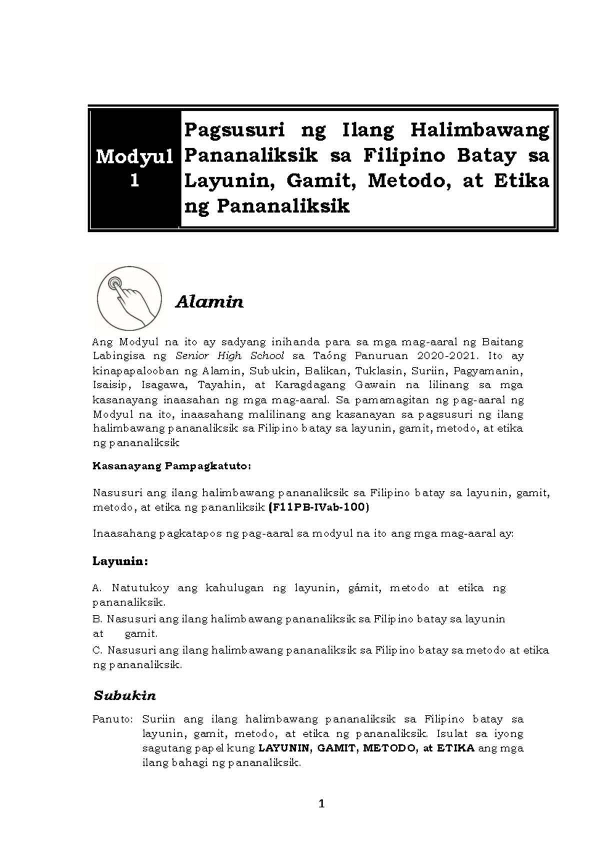 Modyul sa Pagsusuri ng Halimbawang Pananaliksik sa Filipino (F11PB-IVab ...