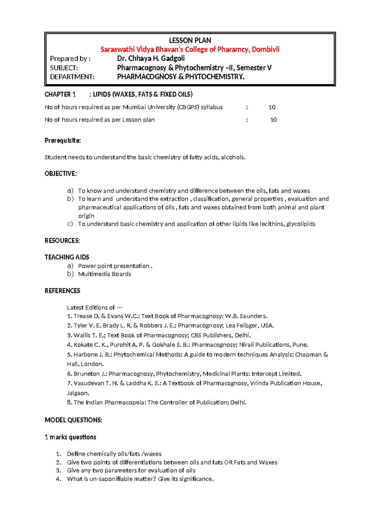 Lesson Plan: Chapter 1 - Lipids (Waxes, Fats, Fixed Oils) - Pharm 5 ...