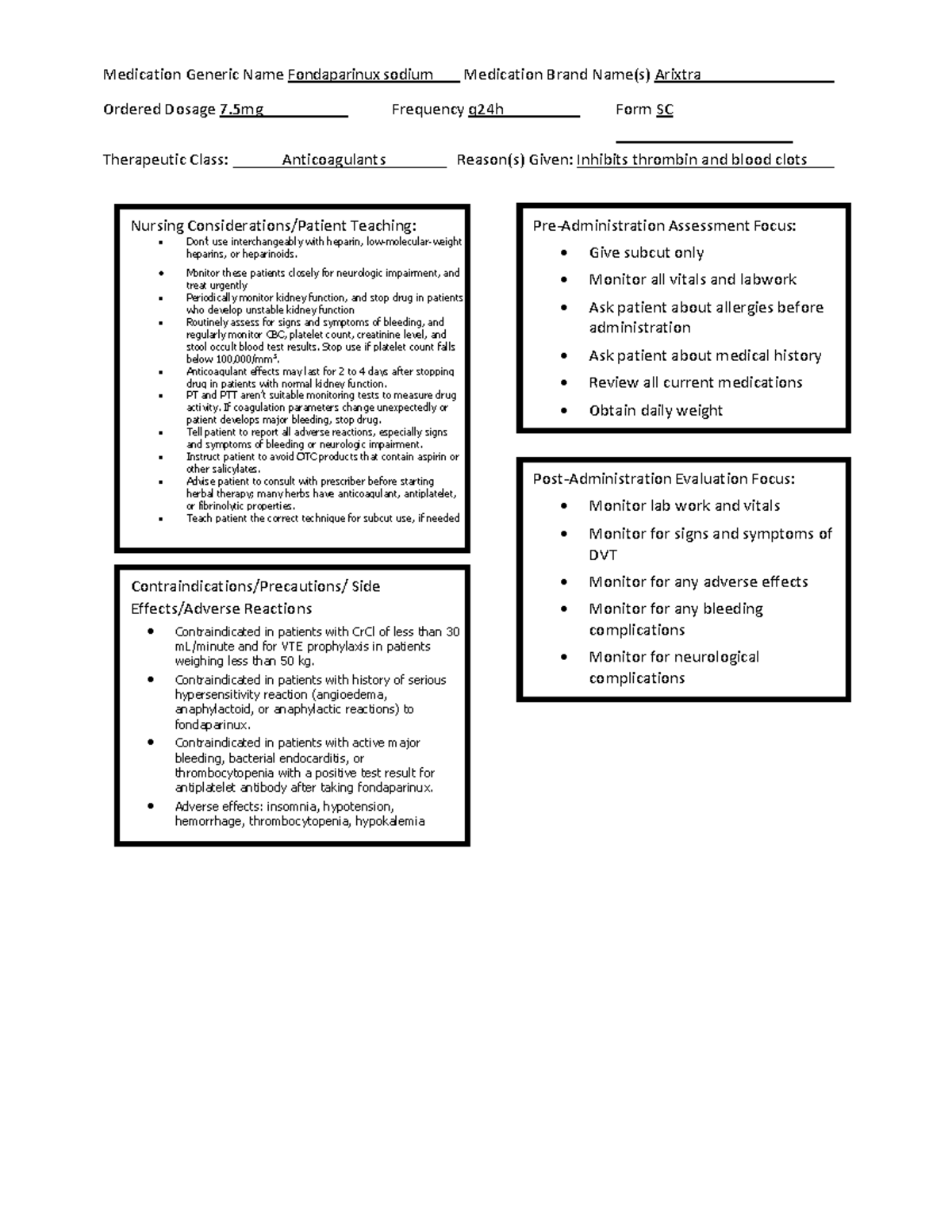 Medication Card: Anticoagulants Fondaparinux & Apixaban Overview - Studocu