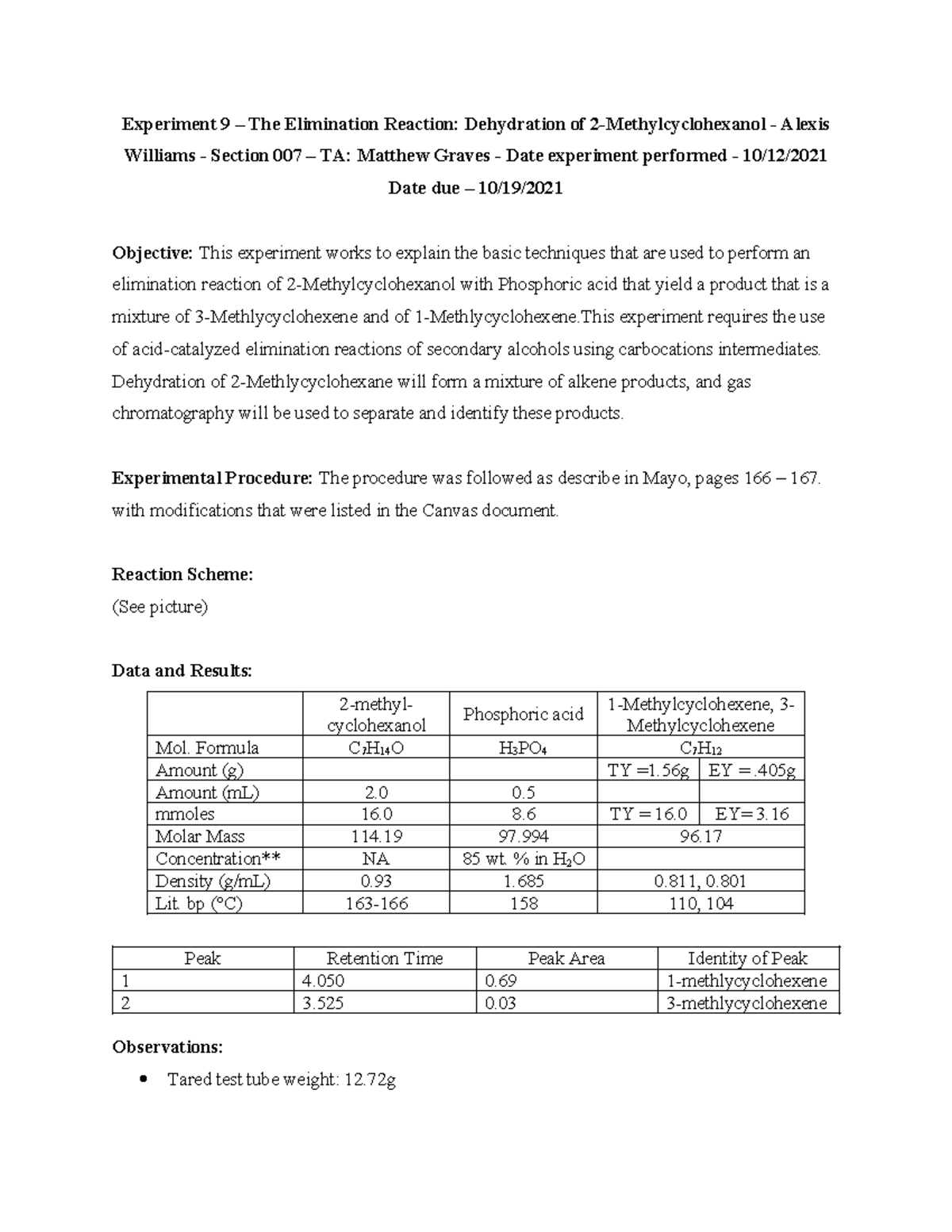 Lab Report 7 - Elimination Reaction of 2-Methylcyclohexanol - Studocu