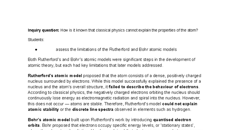 Mod 8: Limitations of Rutherford & Bohr Models in Atomic Theory - Studocu