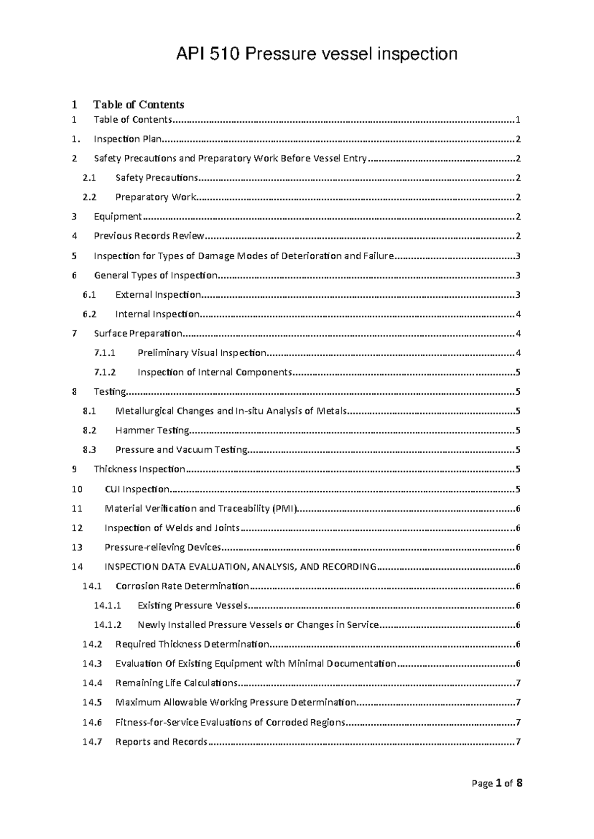API 510 - NORMA API 510 - 1 Table of - Studocu