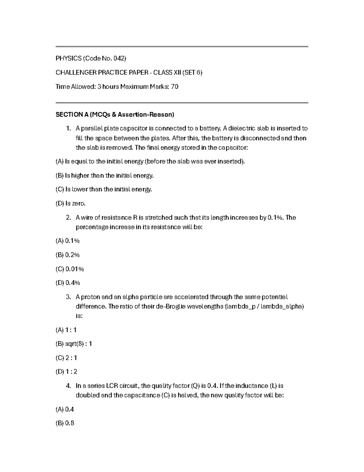 PHYSICS (042) CLASS XII CHALLENGER PRACTICE PAPER SET 6 - Studocu