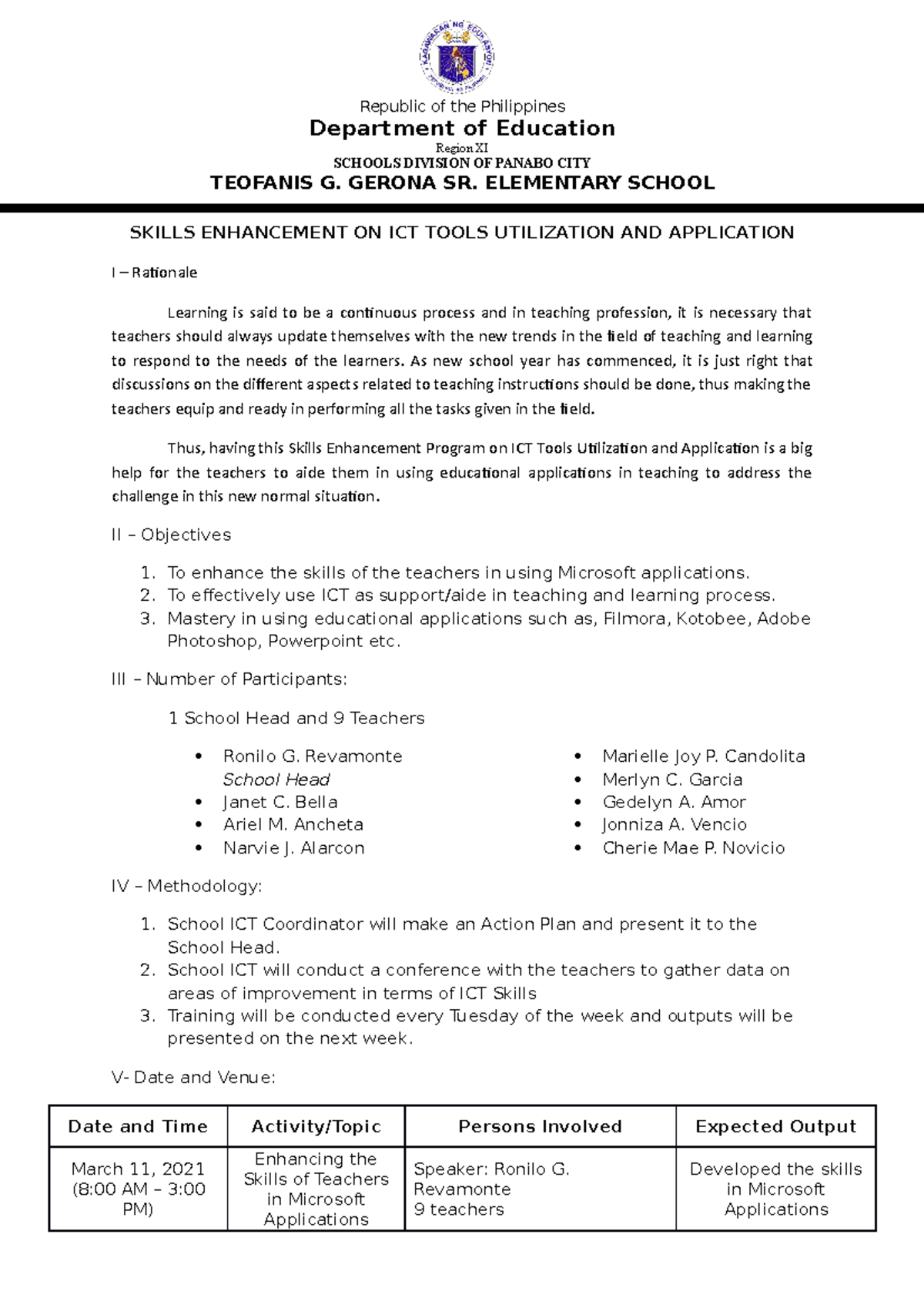 Activity Design Sample - Republic of the Philippines Department of ...