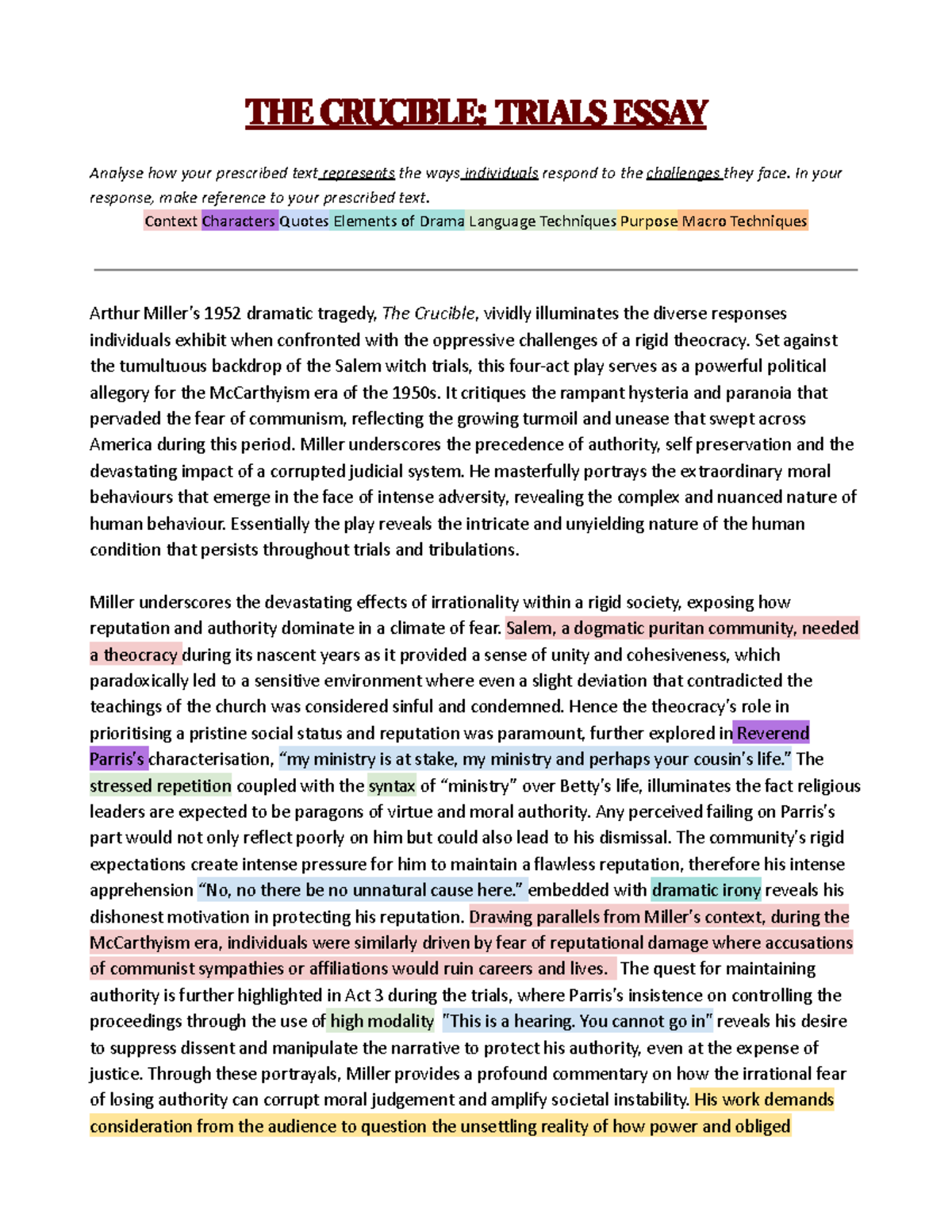 THE CRUCIBLE (ENG 101): Trials Essay on Individual Responses to ...