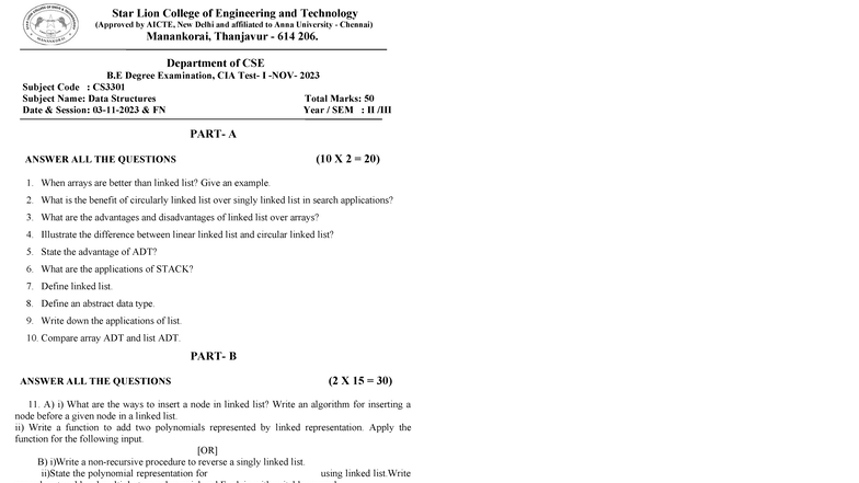 CIA I 2023: Data Structures Exam Questions (CS3301) - Studocu