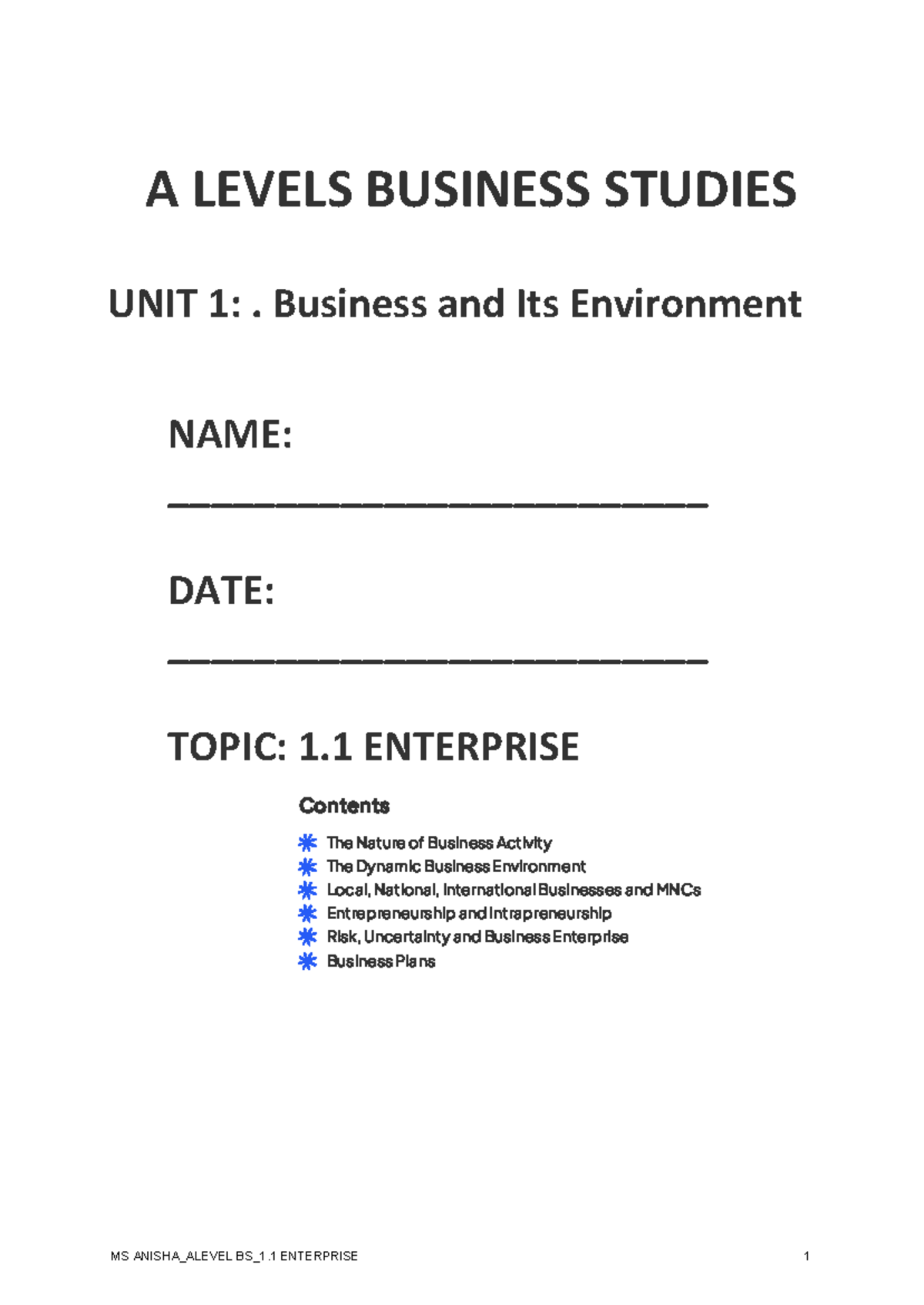 A LEVELS BUSINESS STUDIES UNIT 1: 1.1 Enterprise Overview - Studocu