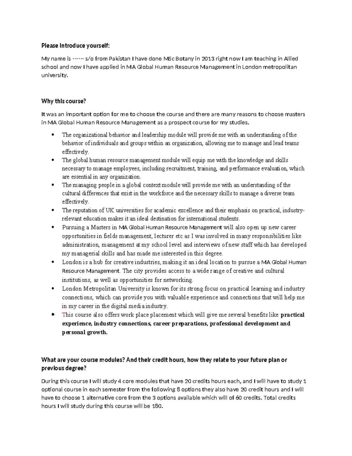 LMU - Personal Statement for MA Global Human Resource Management - Studocu
