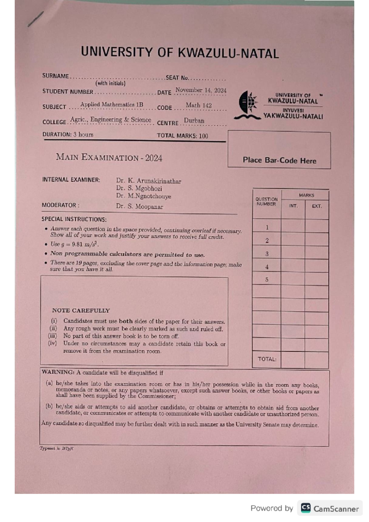 Math 142 Main Examination 2024 - Applied Mathematics 1B - Studocu