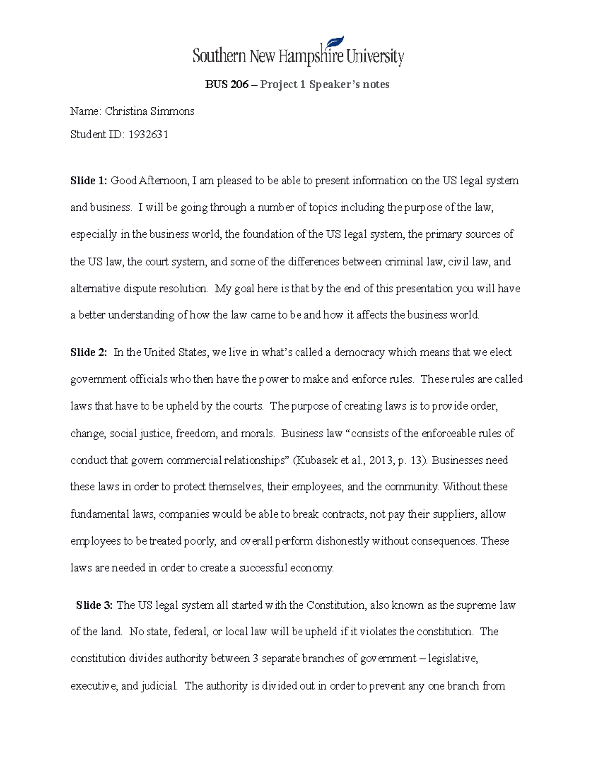 BUS 206 – Project 1 Presentation Notes on US Legal System & Business ...