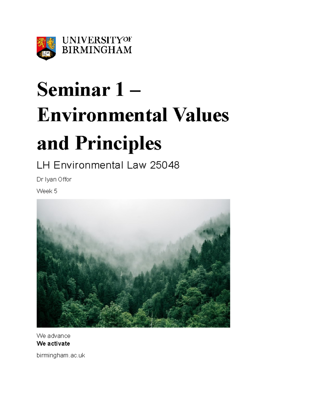 Environmental Values and Principles Seminar LH 25048 Week 5 - Studocu