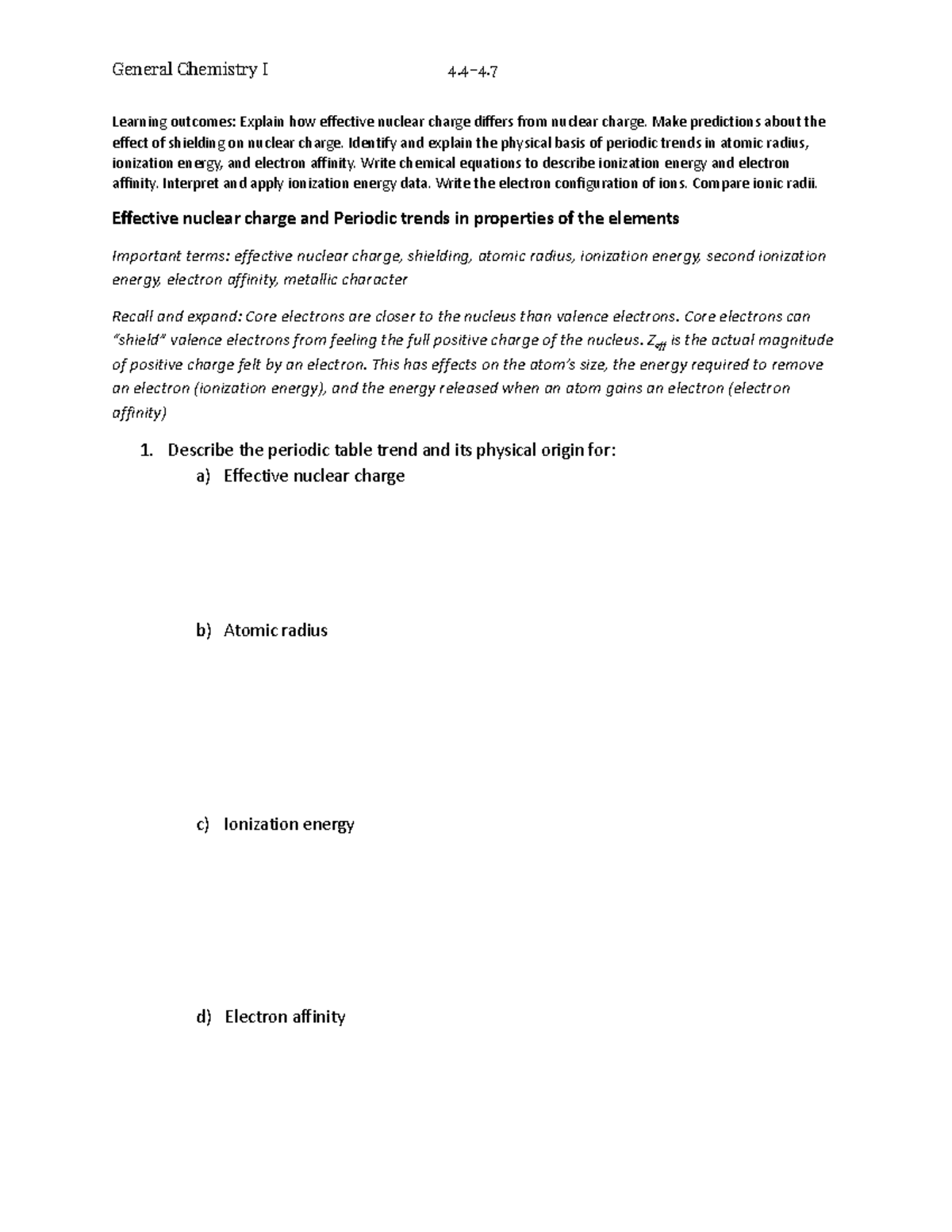 General Chemistry I: Effective Nuclear Charge & Periodic Trends - Studocu