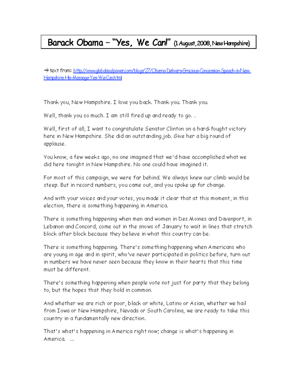 Barack Obama: "Yes We Can" Speech - NH Rally (Aug 1, 2008) - Studocu