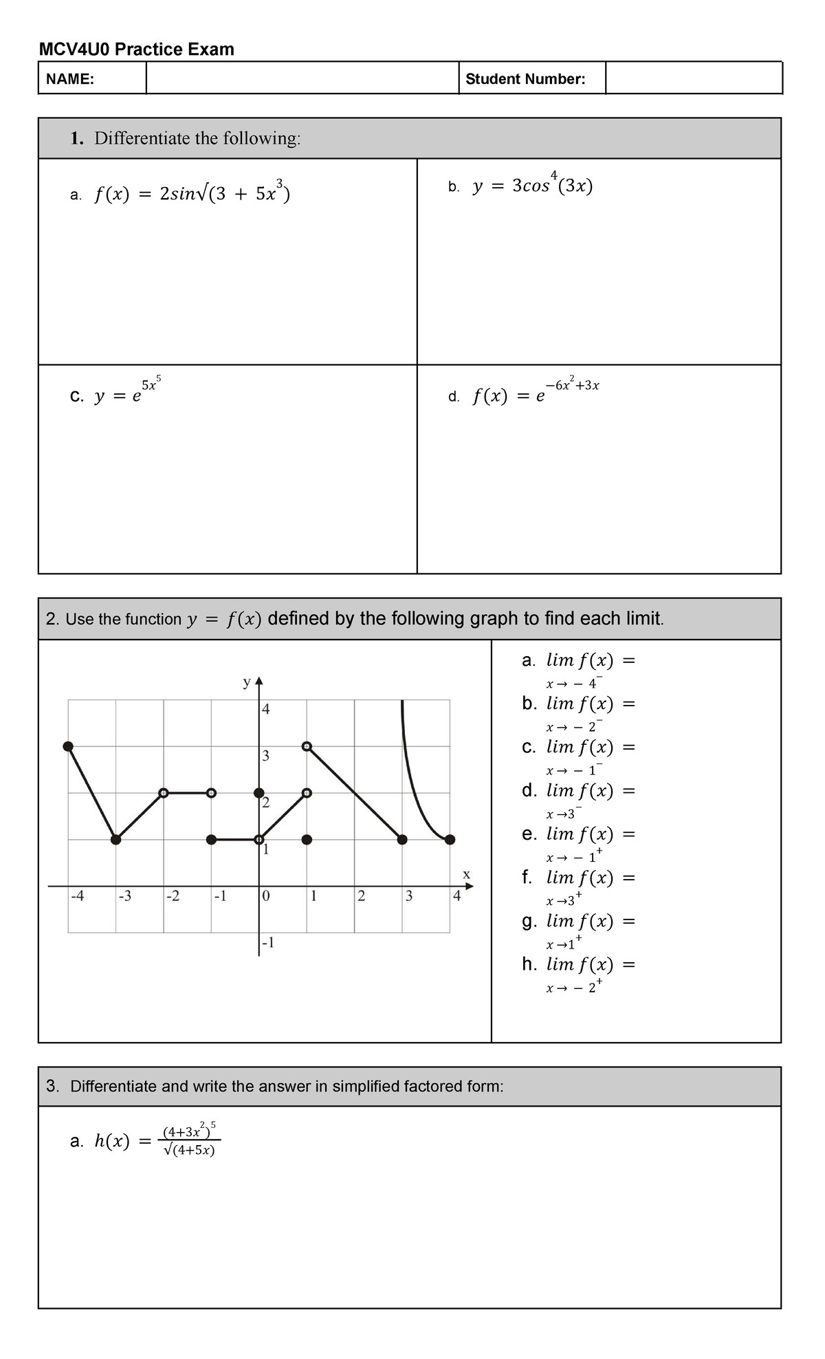 MCV4U0 Calculus Practice Exam: Differentiation & Limits - Studocu