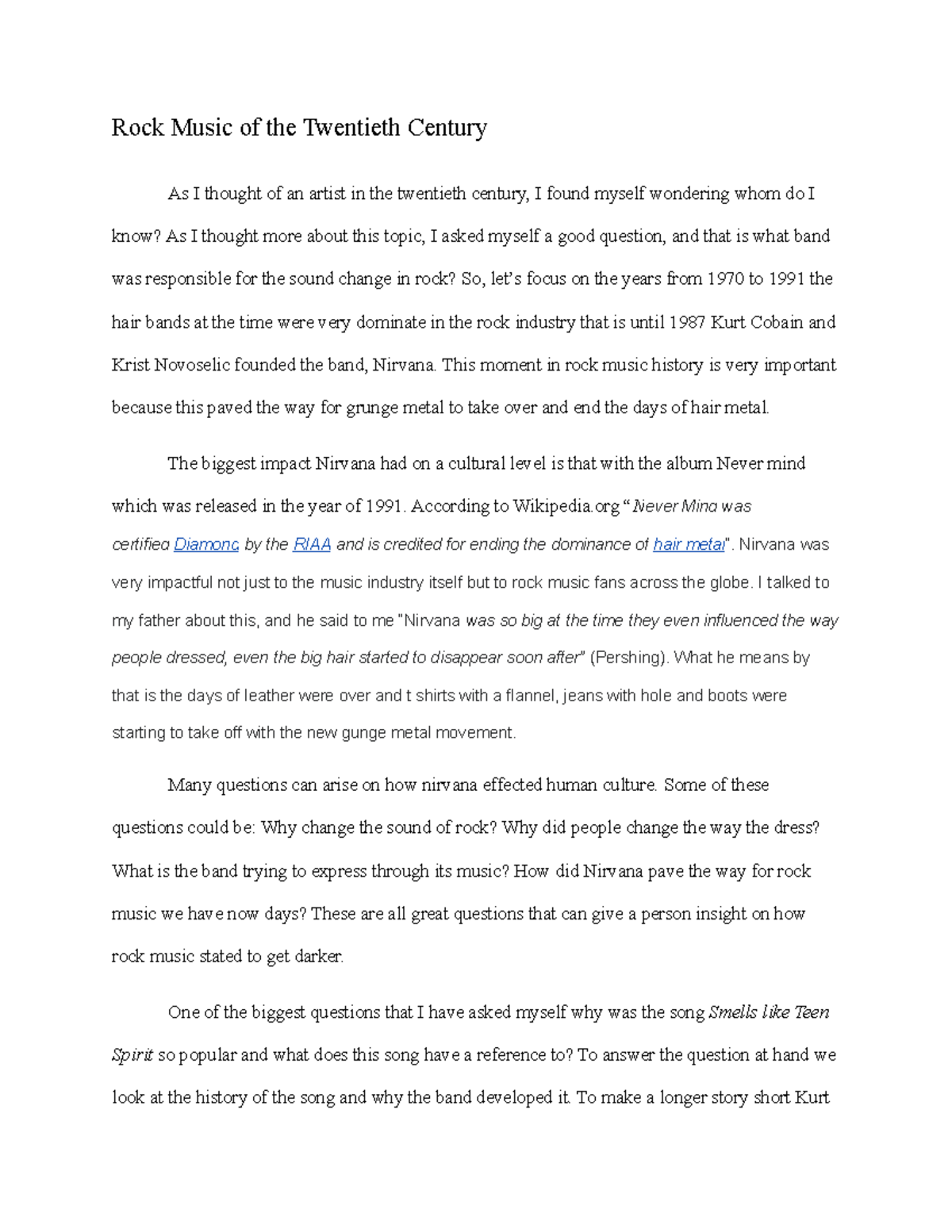 Nirvana paper - Rock Music of the Twentieth Century As I thought of an ...