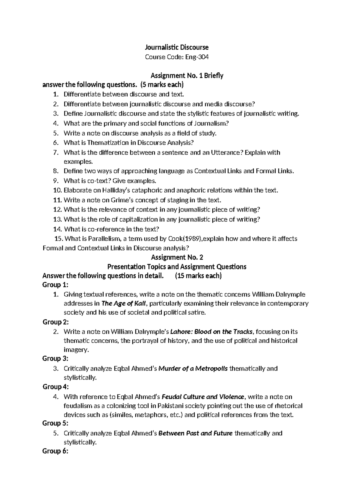 Eng- Journalistic Discourse: Assignments & Presentation Topics - Studocu