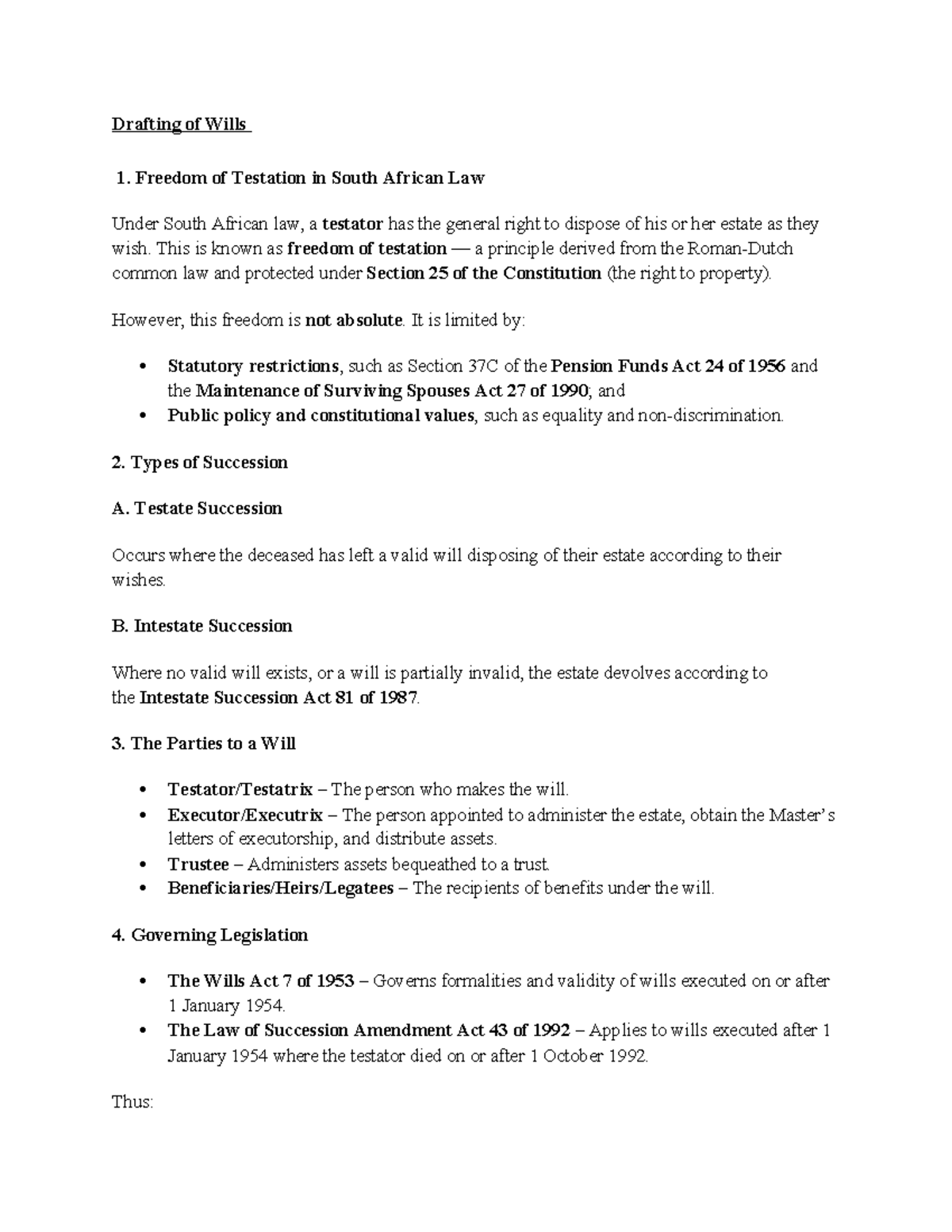 Drafting of Wills: Overview Notes for Law 101 - Studocu