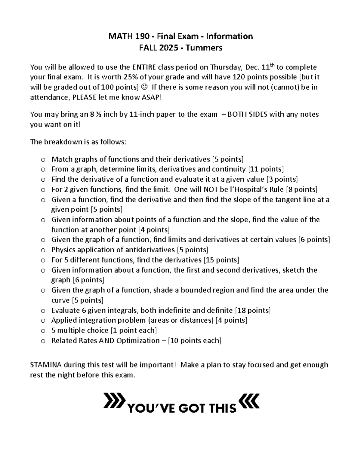 MATH 190 - Final Exam Information - Fall 2025 - Studocu