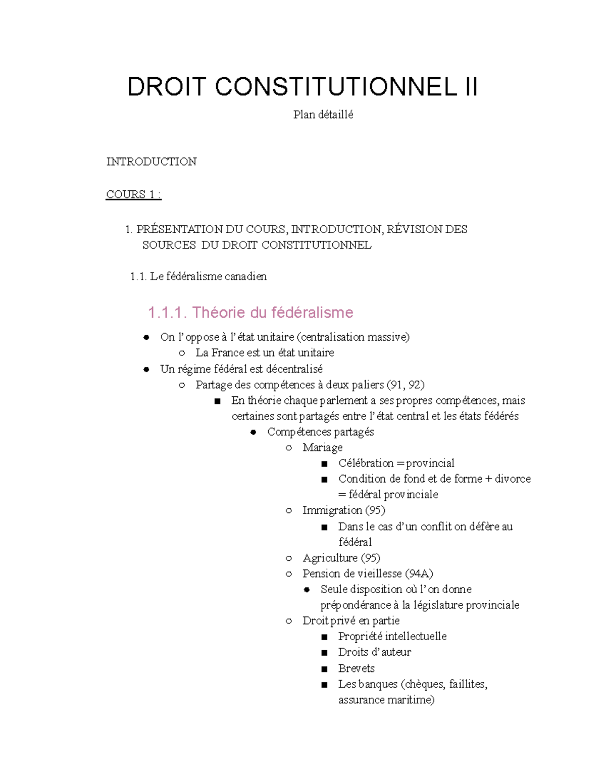 Drt 1502 Consti 2 - Notes de cours examen Intra Professeur: Frédéric ...
