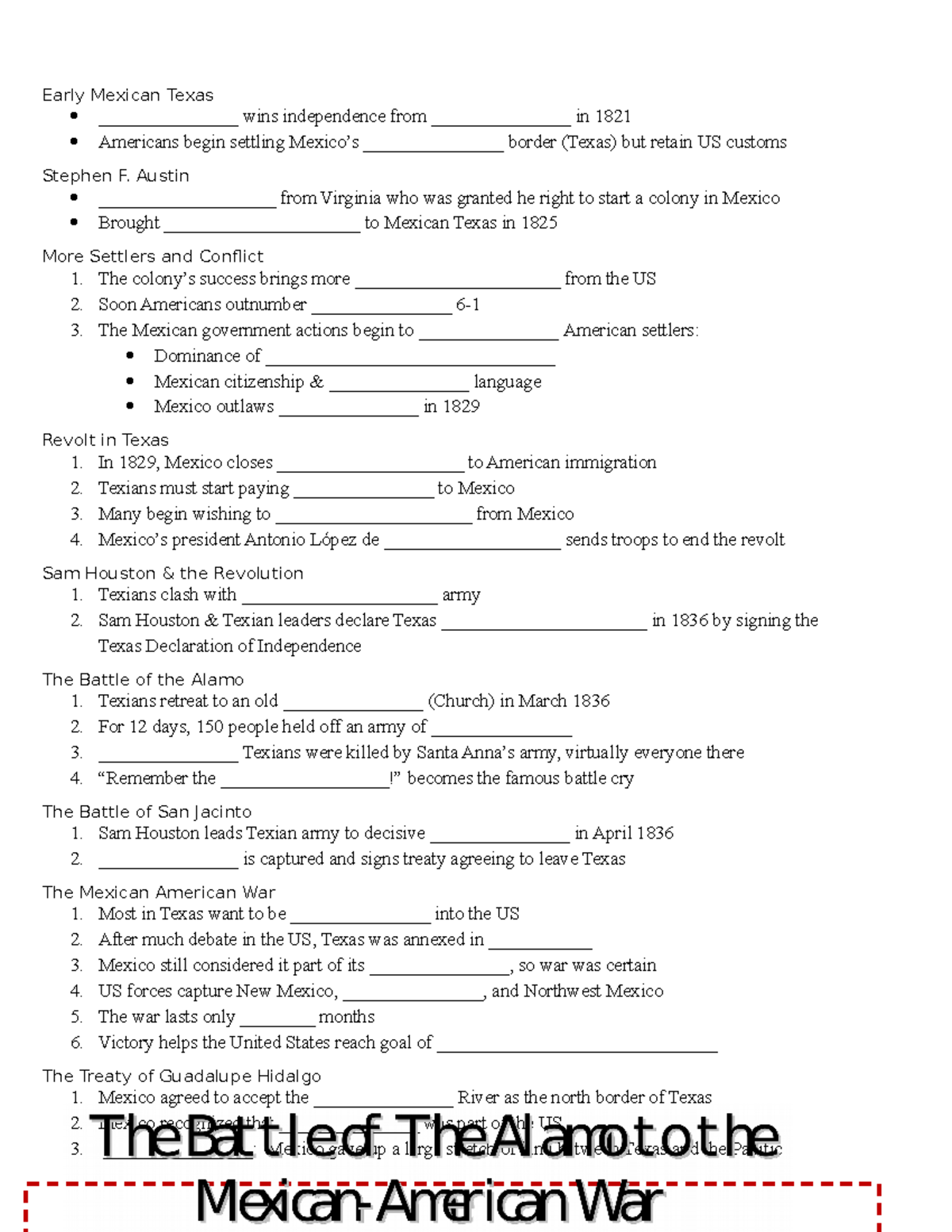 02 - Alamo Graphic Organizer - The Battle of the Alamo to the Mexican ...