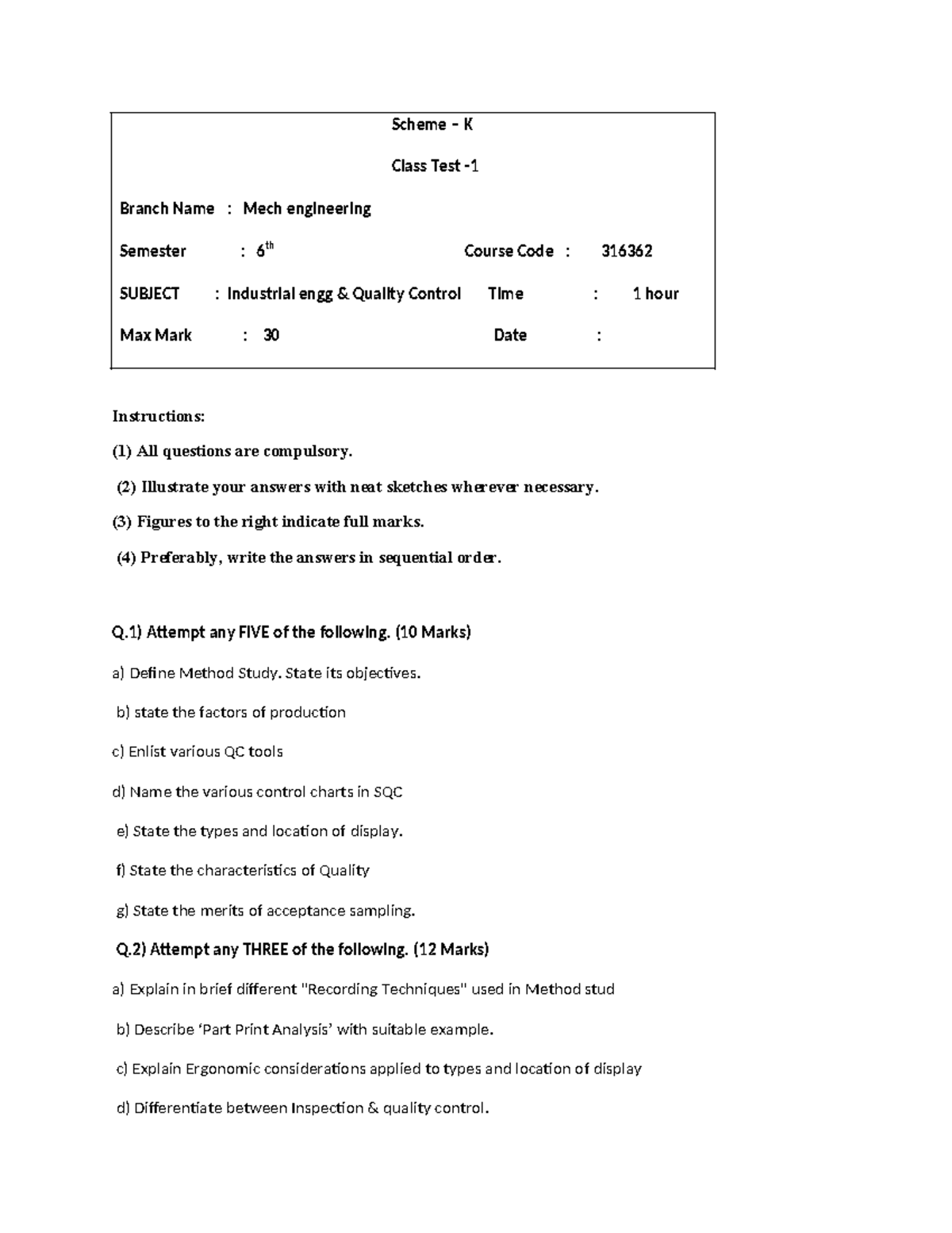 316362 Industrial Engineering Quality Control Class Test Notes - Studocu