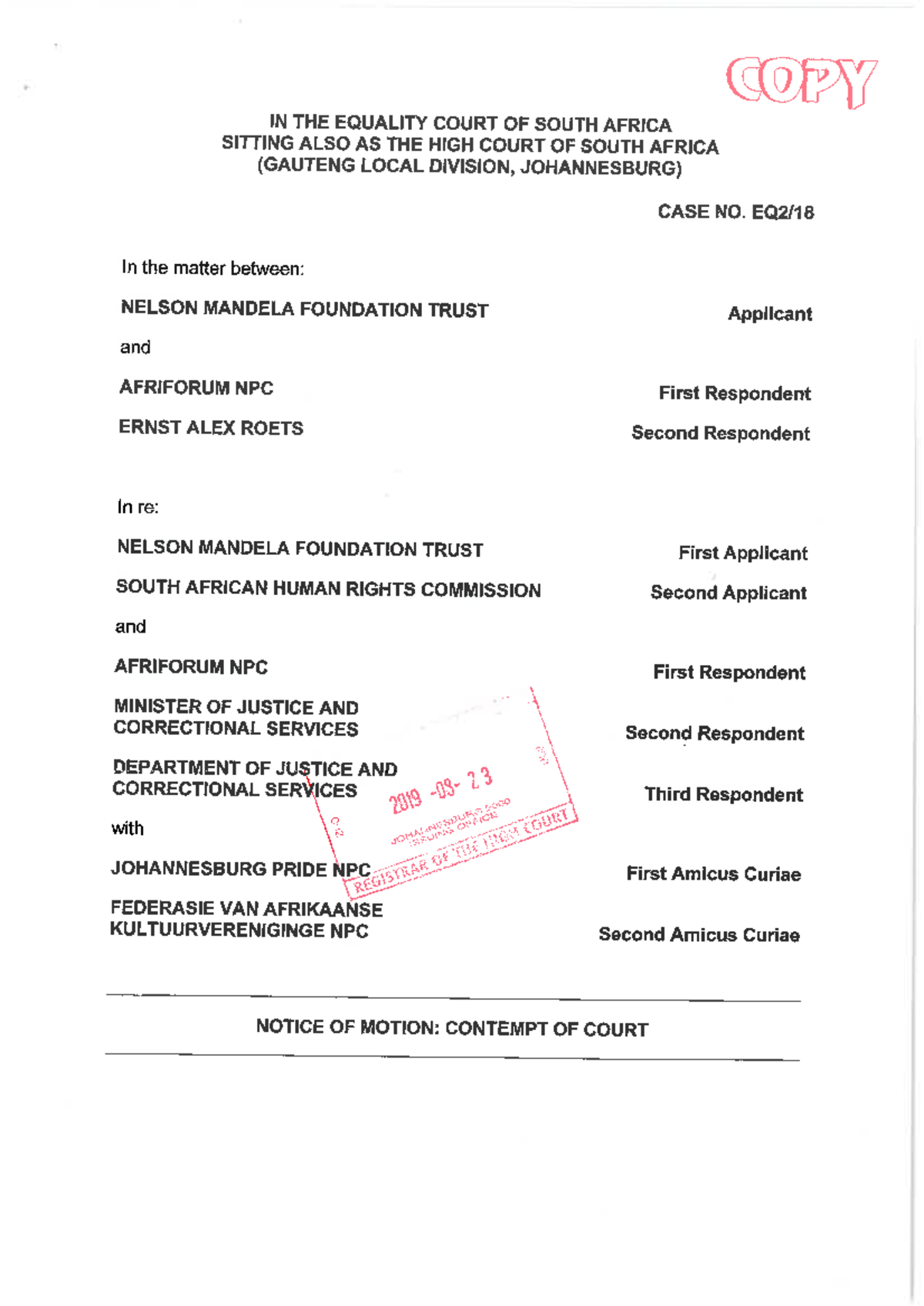 Notice of Motion for Contempt of Court Proceedings - Studocu