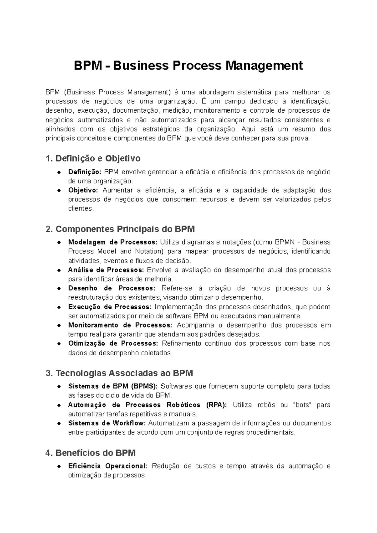 BPM - Resumo dos Conceitos Essenciais de Gestão de Processos - Studocu