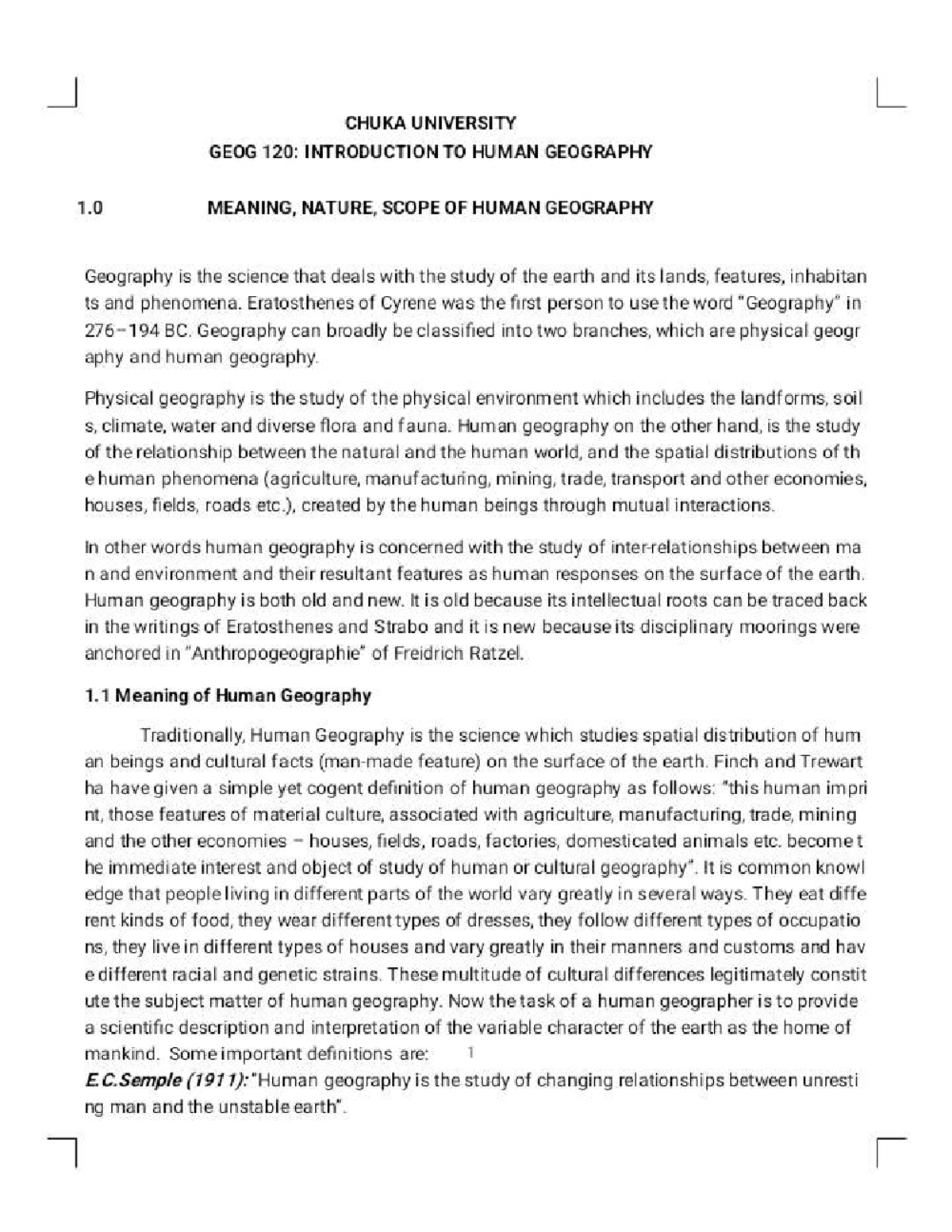 CHUKA UNIVERSITY GEOG 120: INTRODUCTION TO HUMAN GEOGRAPHY NOTES 2024 ...