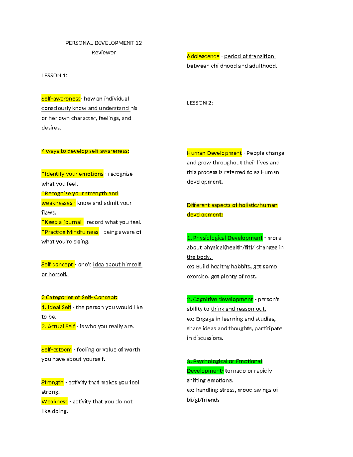 PDEV-12 Lesson Review: Personal Development & Self-Awareness - Studocu