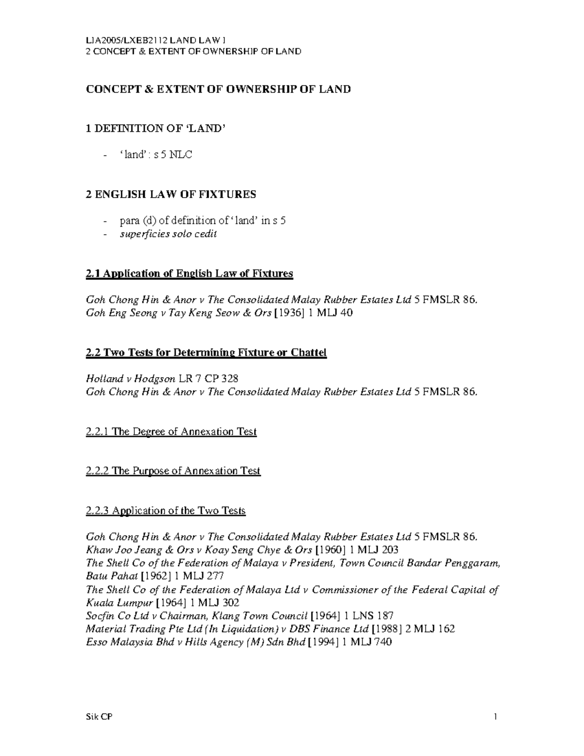 LAND LAW I: Concept & Extent of Ownership of Land Outline - Studocu