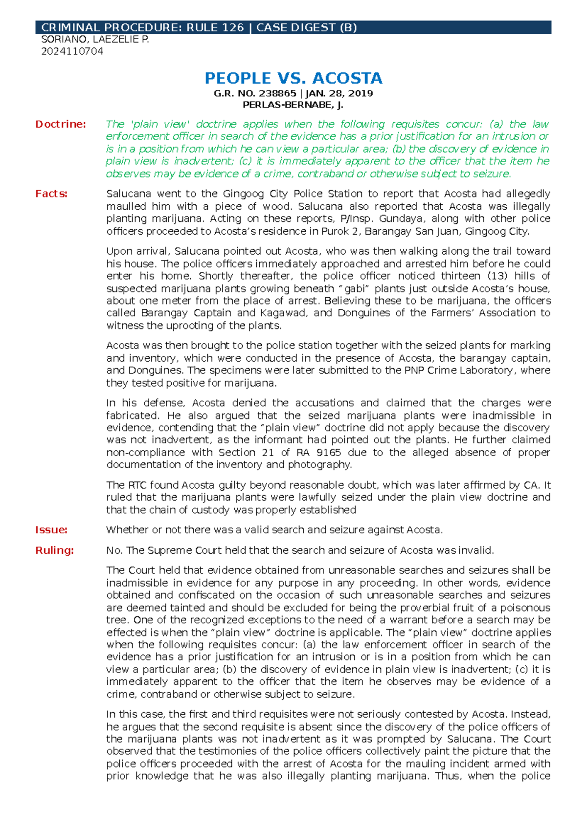 CRIMINAL PROCEDURE: CASE DIGEST ON PEOPLE VS. ACOSTA G.R. NO. 238865 ...