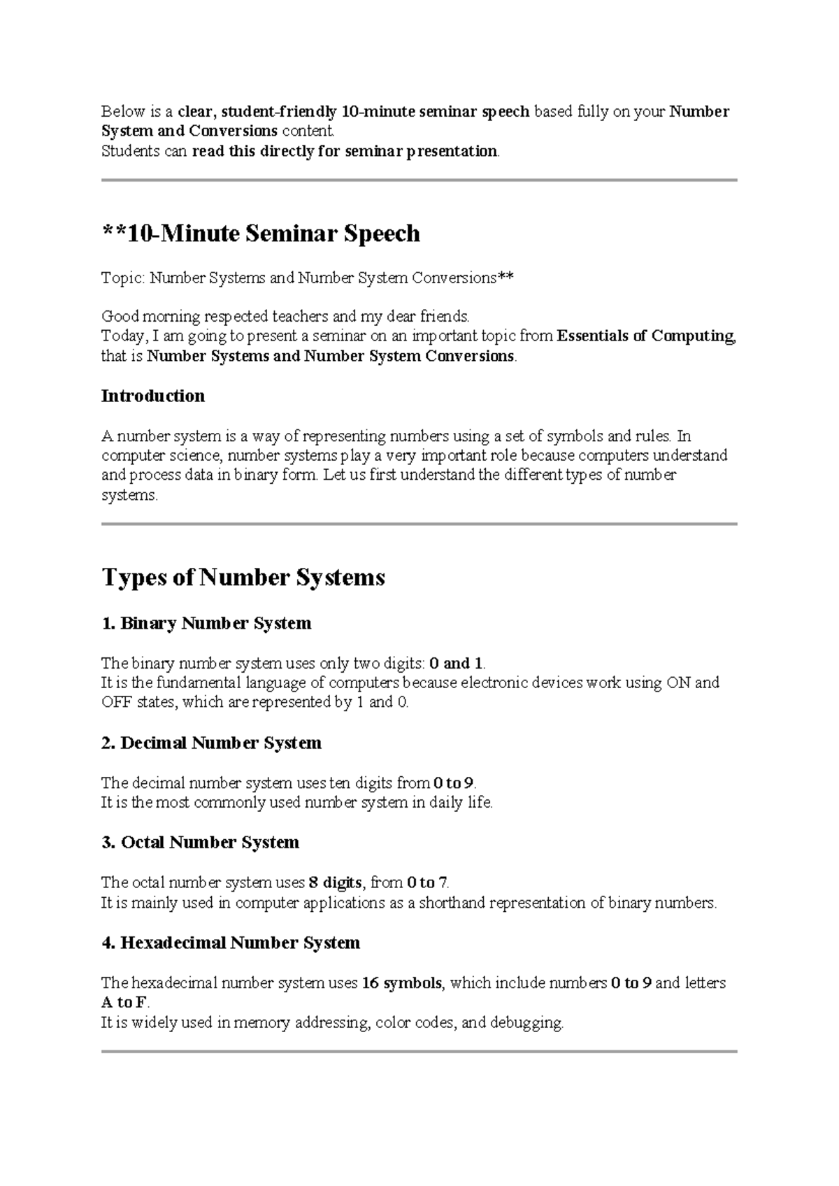 Pp3 - ESS Seminar Speech on Number Systems & Conversions - Studocu
