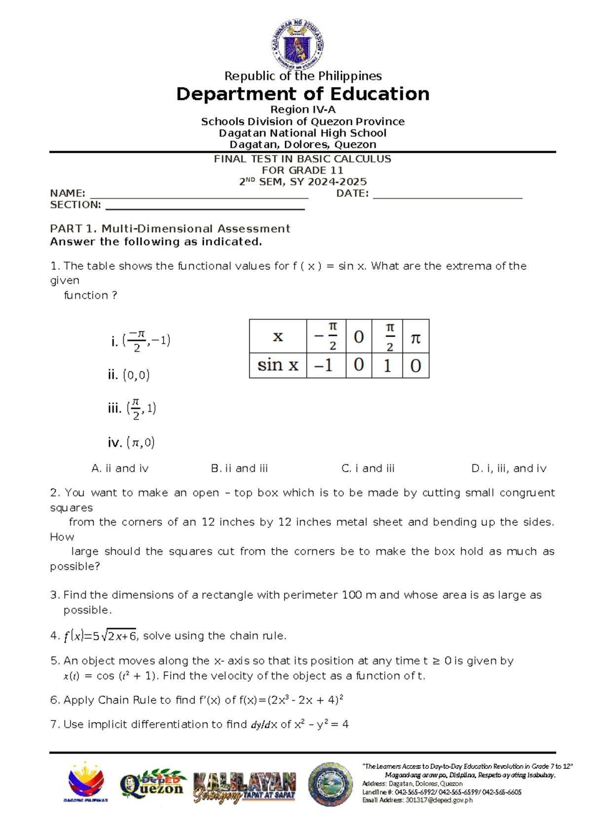 FINAL TEST IN BASIC CALCULUS (MATH 11) - 2ND SEM, SY - Studocu