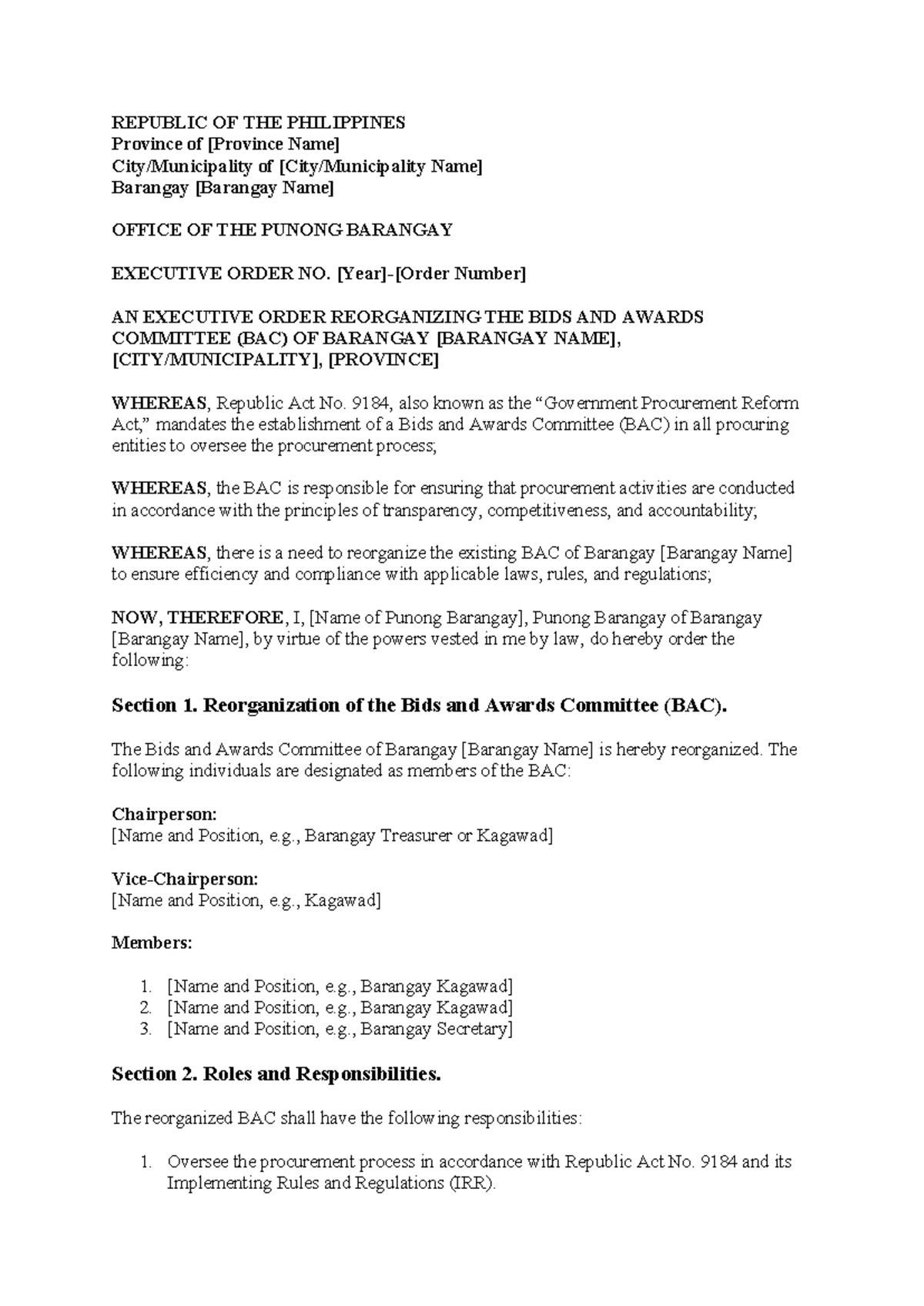 Executive Order No. [Insert Number] - Reorganizing BAC of Barangay ...