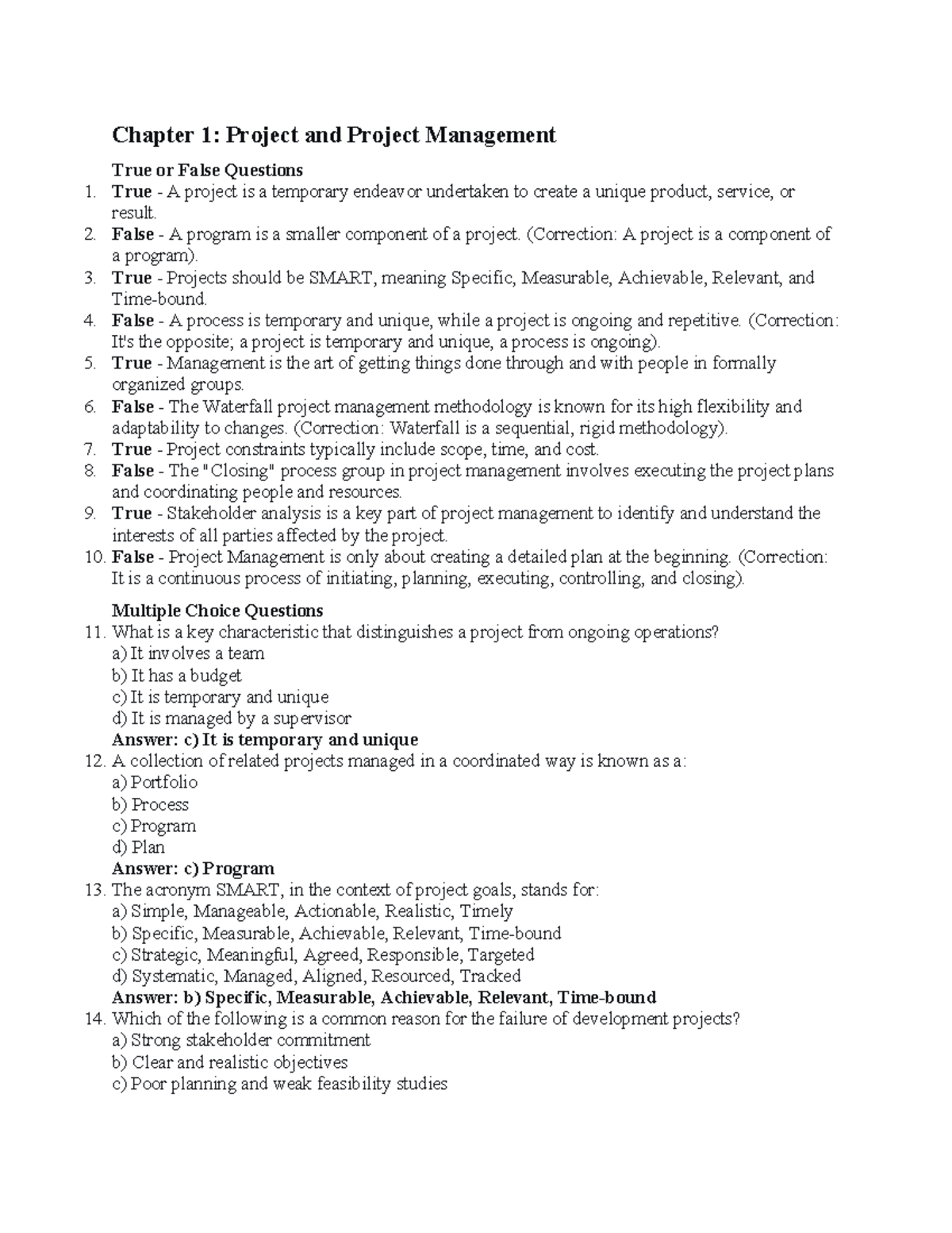 Final Exam: Project Management True/False & MCQ Review - Studocu