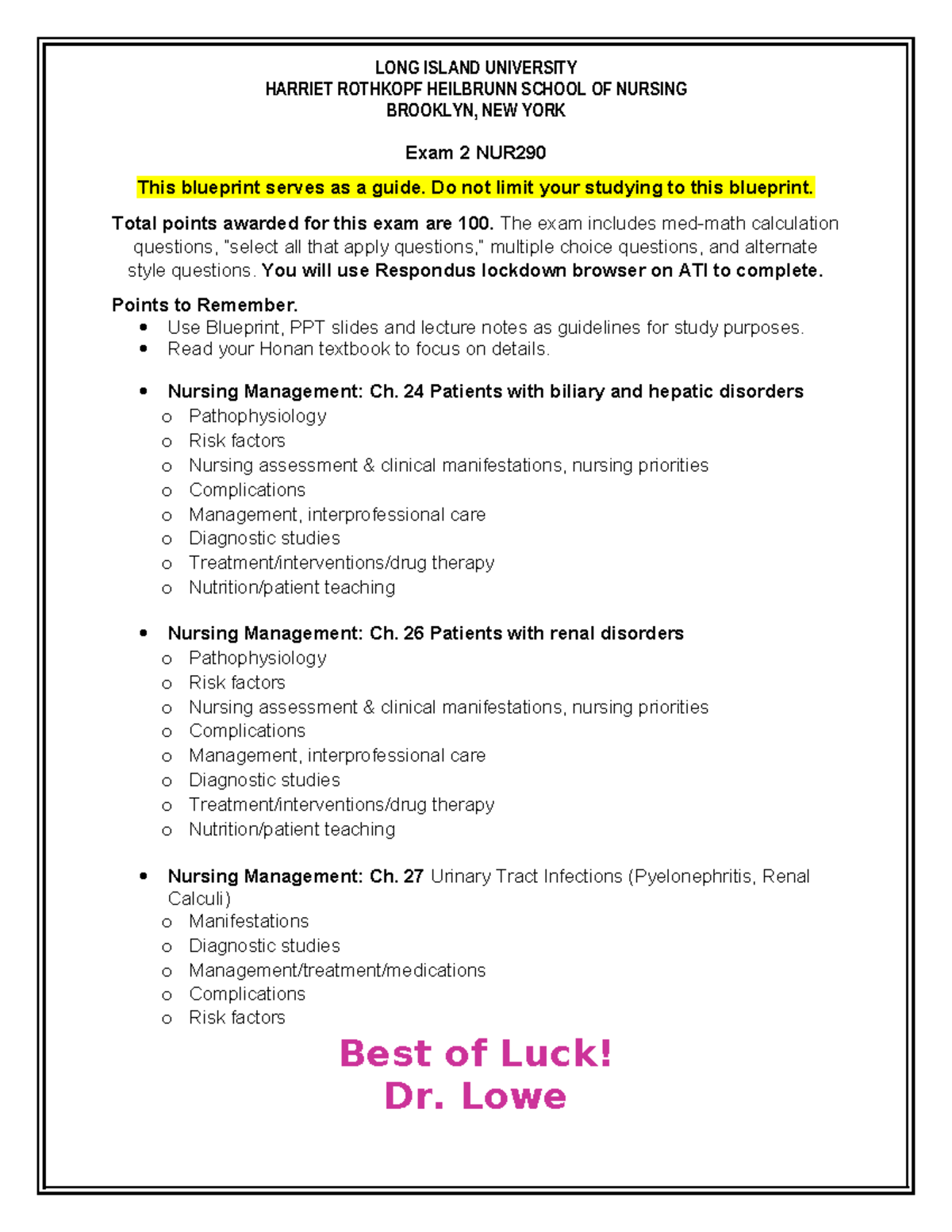 NUR290 Exam 2 Study Blueprint and Guidelines - Studocu