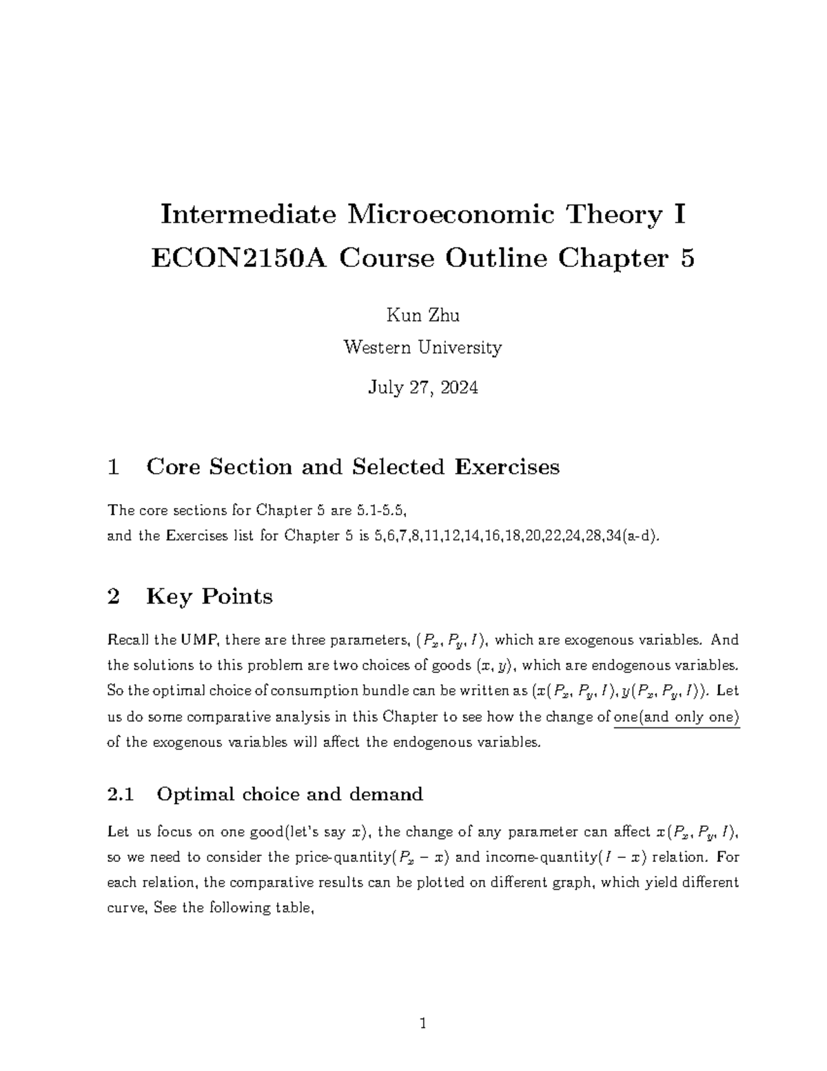 Intermediate Microeconomic Theory I ECON2150A Chapter 5 Outline and Key Concepts - Studocu