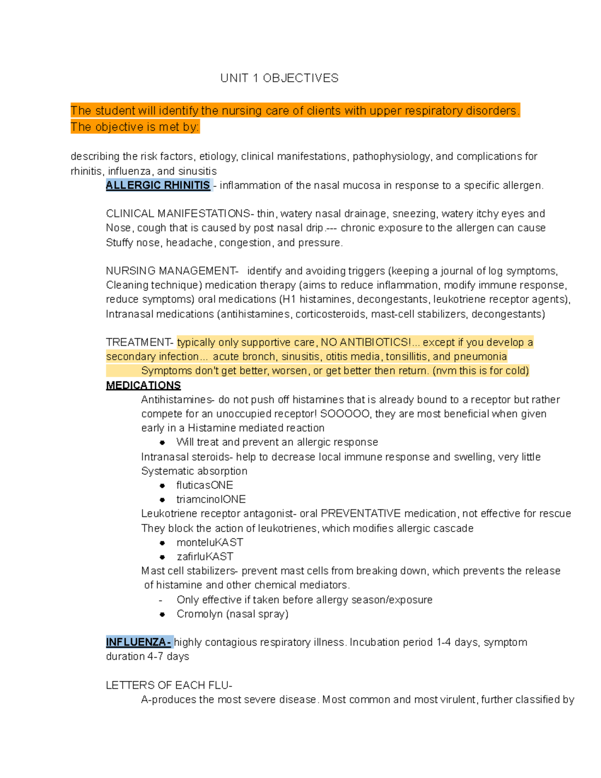 UNIT 1 Adult Nursing Care: Upper & Lower Respiratory Disorders - Studocu