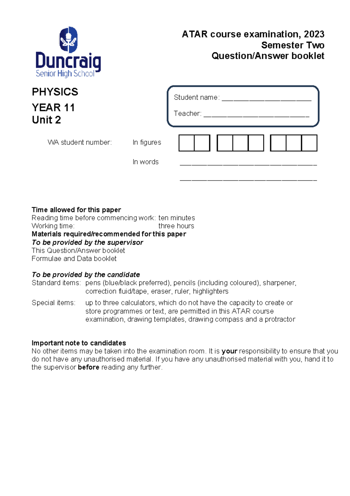 ATAR Year 11 Physics Unit 2 Semester 2 Exam 2023 Booklet - Studocu