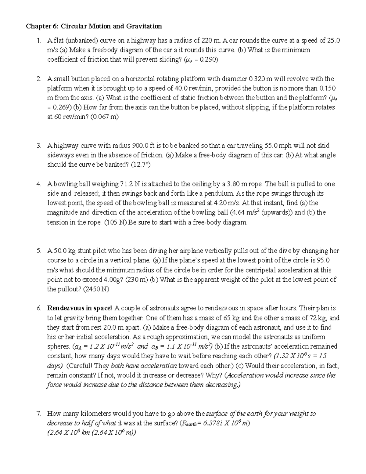 Chapter 6: Circular Motion & Gravitation Lecture Problem Set - Studocu