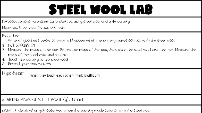 STEEL WOOL LAB EXPERIMENT (CHEM 101) - OBSERVATIONS & ANALYSIS - Studocu