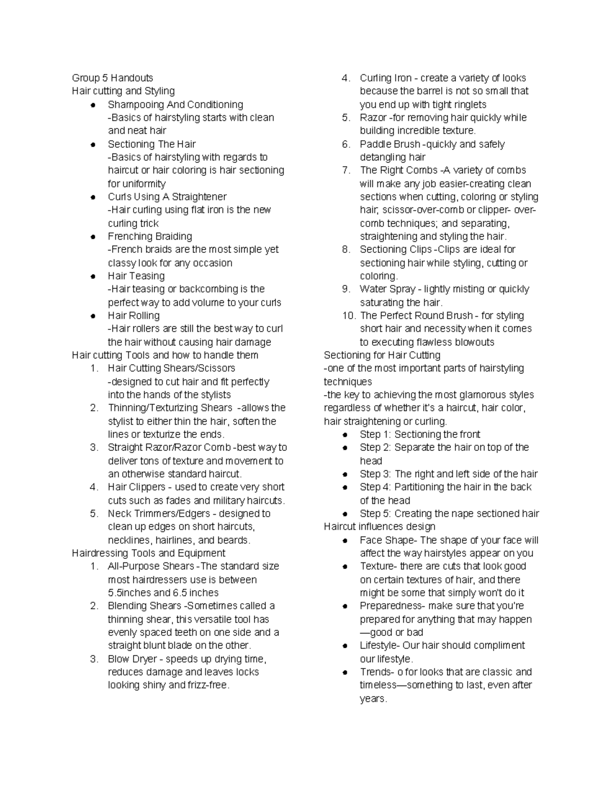 Beauty Culture G5 Lecture Handouts: Hair Cutting & Styling Techniques ...