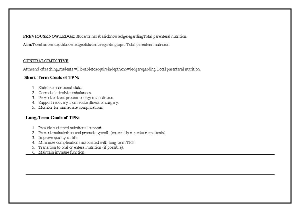 Total Parenteral Nutrition (TPN) Procedure: A Comprehensive Guide - Studocu