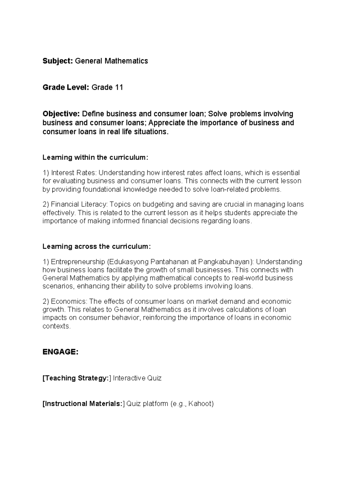 Lesson Plan: Understanding Business & Consumer Loans - G. Math (Grade ...