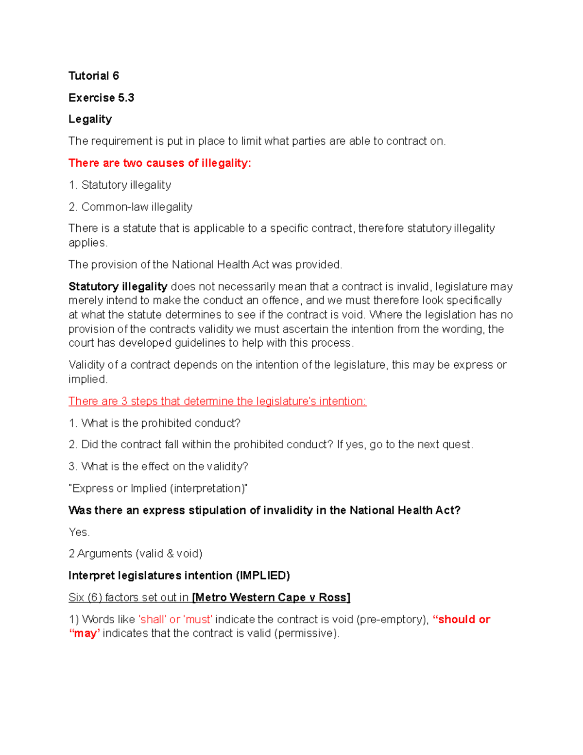 Tutorial 6: Statutory Illegality and Contract Validity Analysis - Studocu