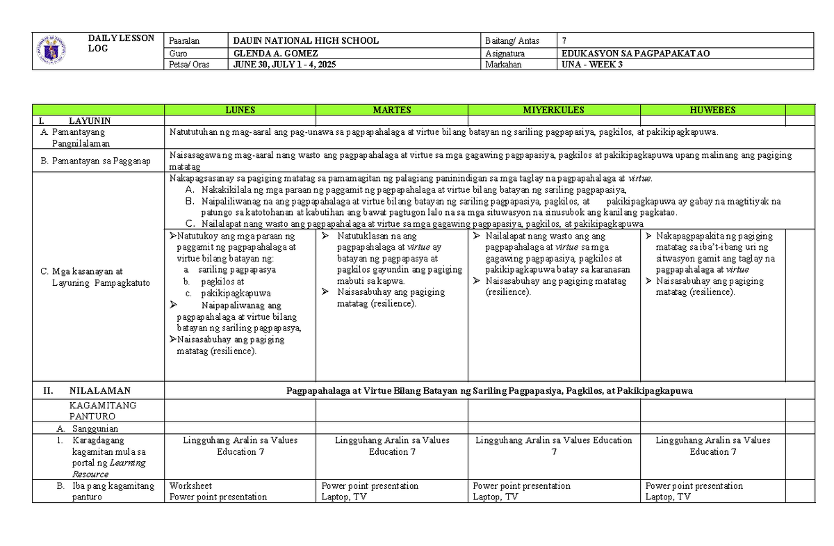 ESP 7 DLL - WEEK 3: Pagpapahalaga at Virtue sa Sariling Pagpapasiya ...