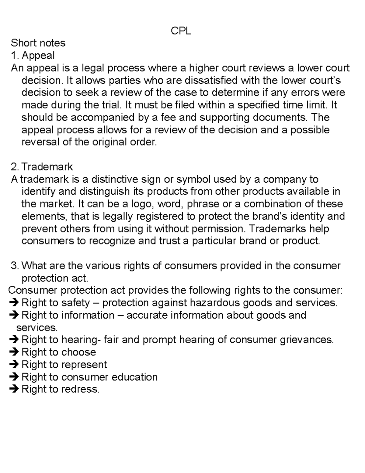 CPL Internal Notes: Consumer Protection Law - Q&A for Sem 2, Ba LLB ...