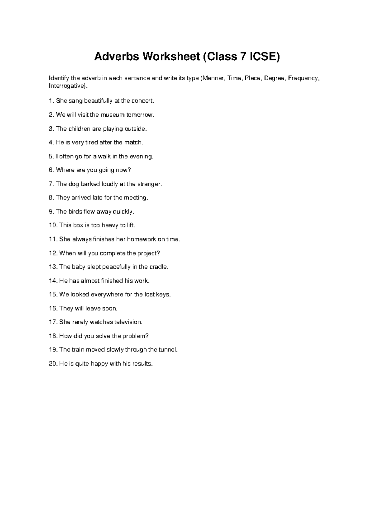 Adverbs Worksheet (Class 7 ICSE): Identify Types of Adverbs - Studocu
